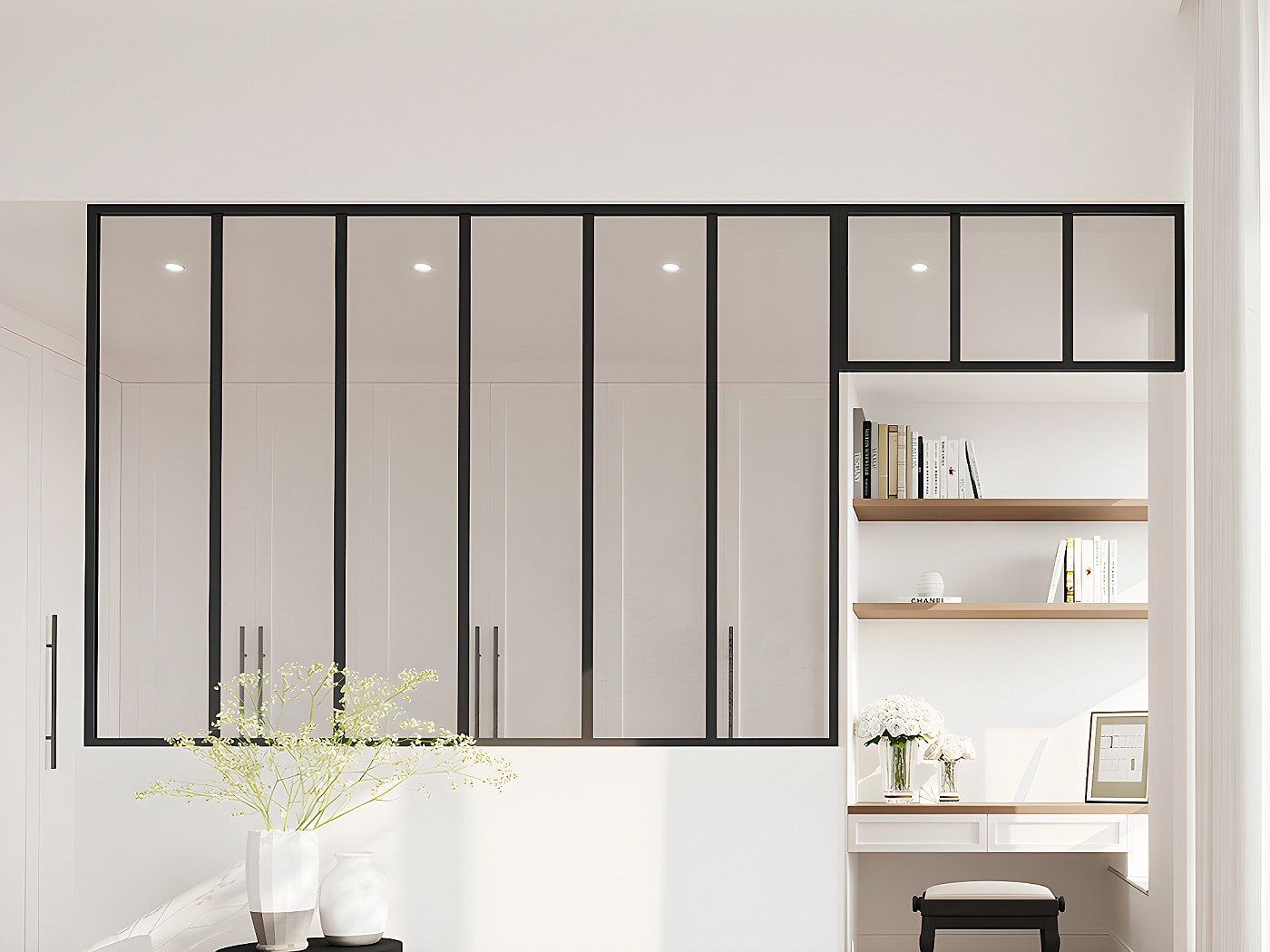 Cristalera estilo taller con travesaño, Ancho 180 x Alt. 130 + Ancho 83 x Alt. 40 cm, Negro, BAYVIEW