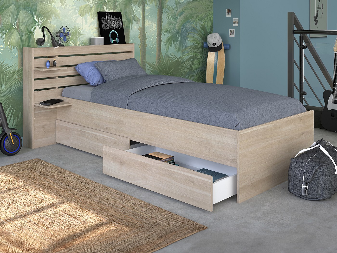 Lit 90 x 200 cm avec rangements coloris naturel + sommier - TENALIA