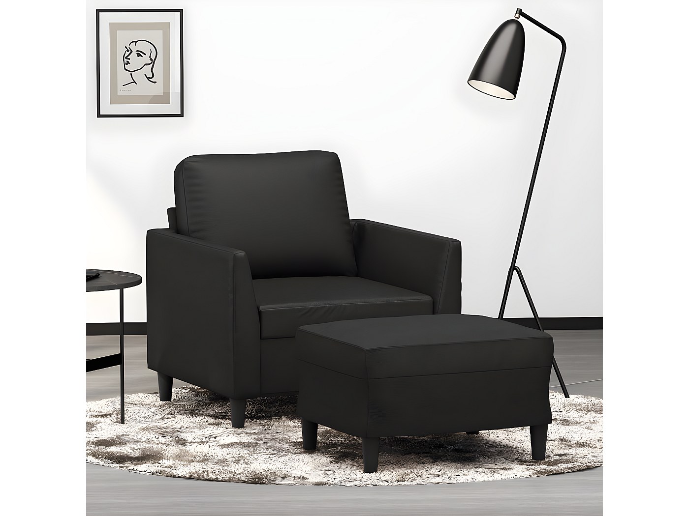 Sillón con taburete cuero sintético negro 60 cm ES95048