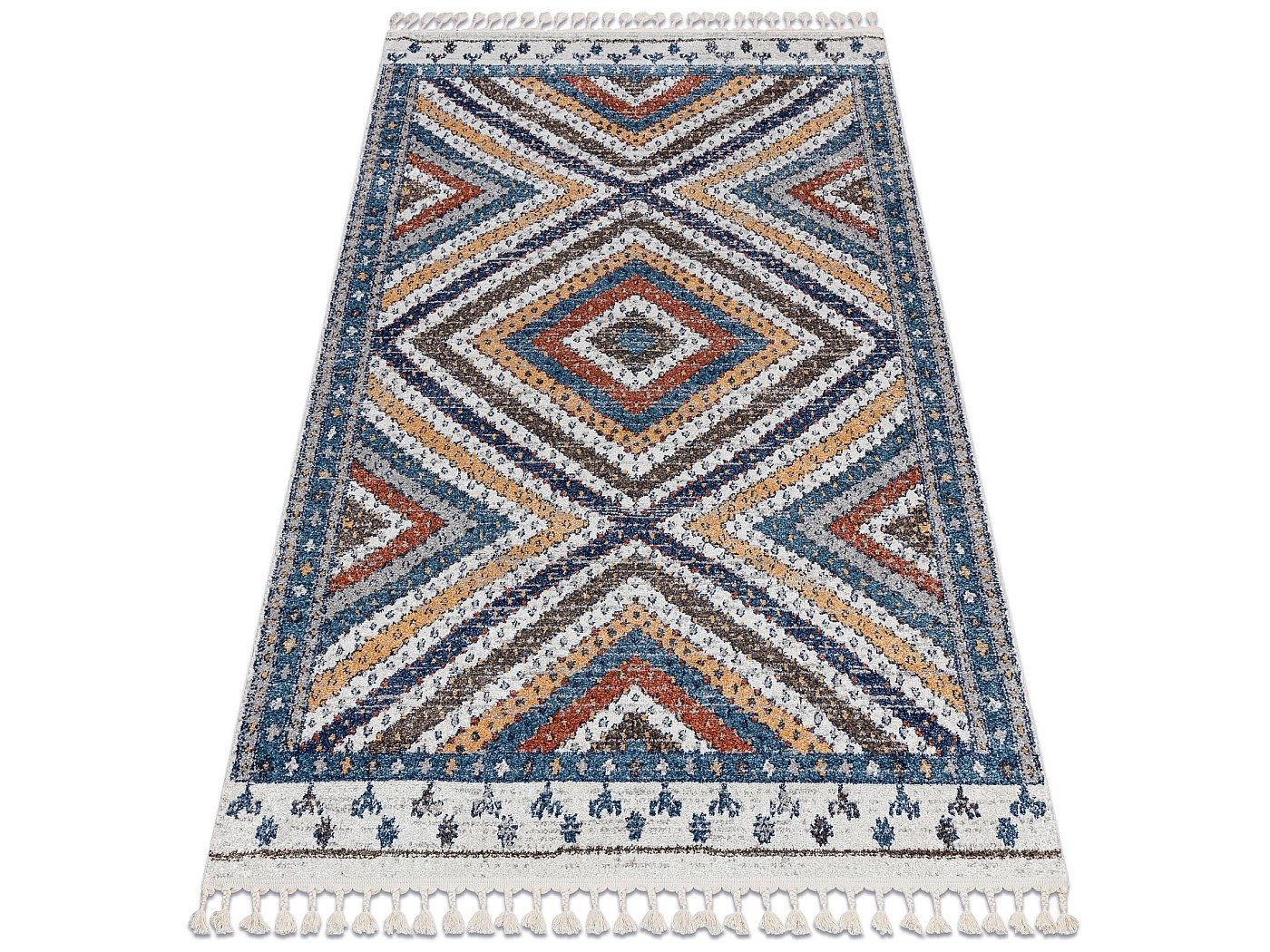 Tapete moderno BELLE BG30C Diamantes, étnico azul / creme Franjas ...