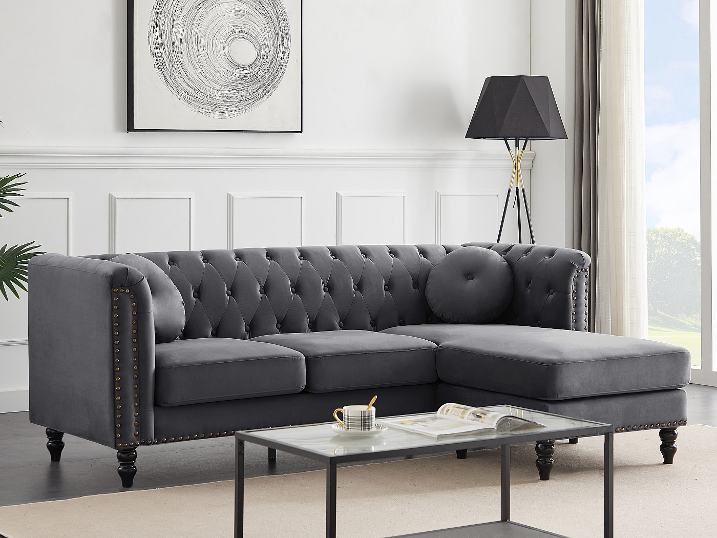 Sofá rinconera reversible de terciopelo capitoné antracita TURNER