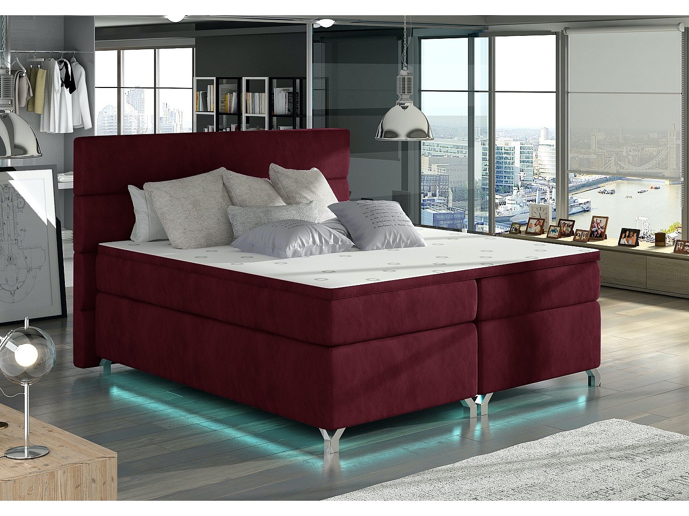Lit boxspring 180x200 tissu bordeaux Mador