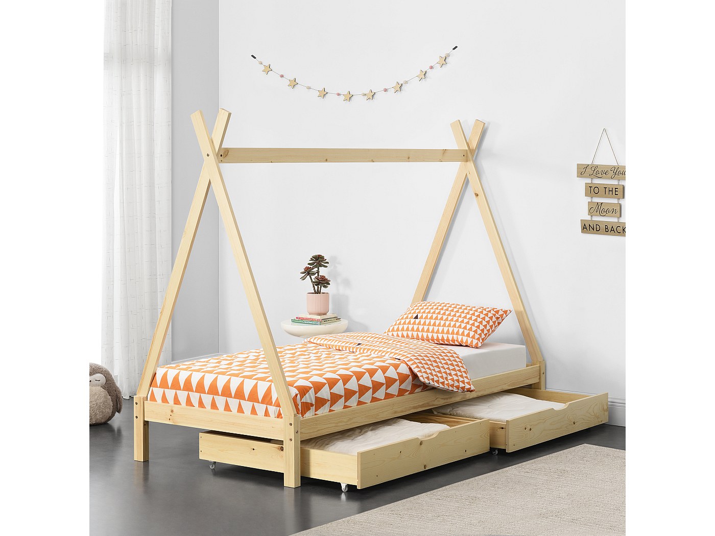 Lit Tipi pour Enfants avec 2 Tiroirs Maine 200 x 90 cm Bois Naturel [en ...