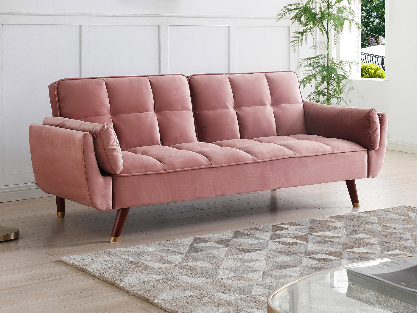 Canapé 3 places convertible clic-clac en velours rose GULCAN