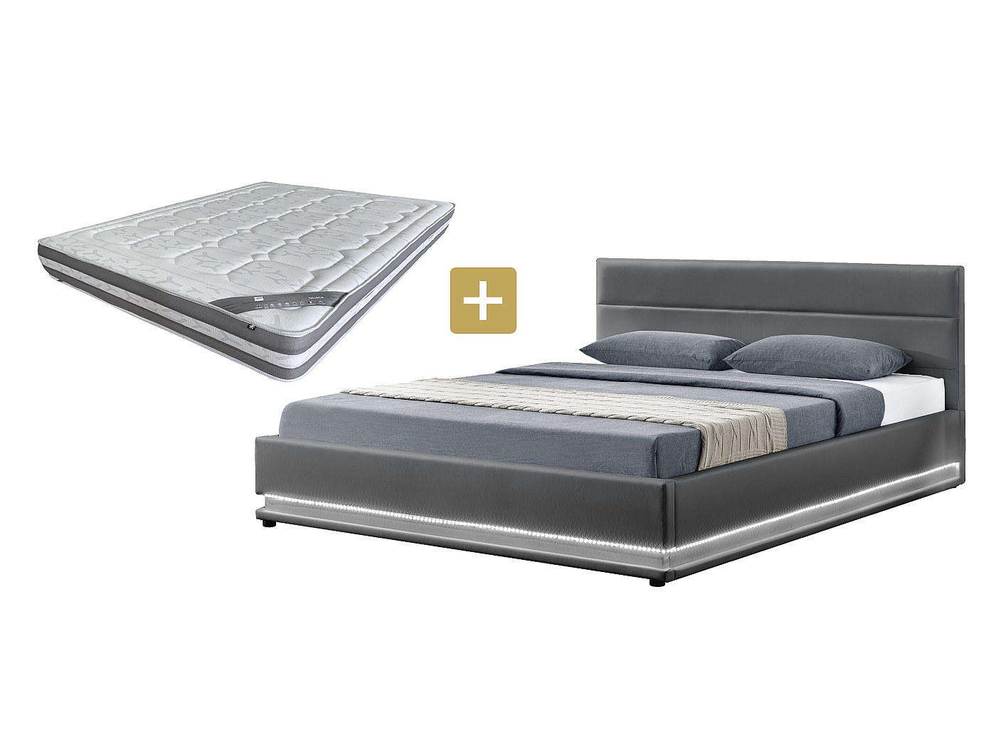 Ensemble Lit Jupiter Coffre gris 180 + matelas nuage 24 cm