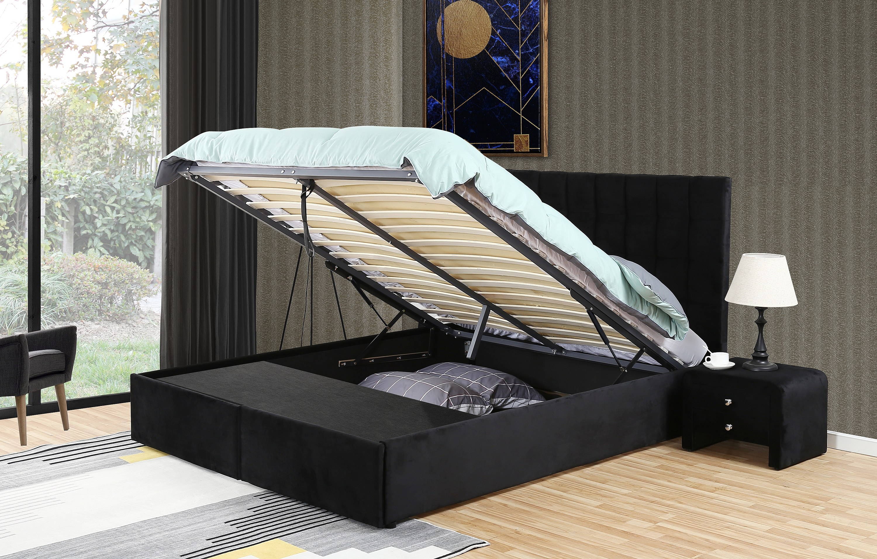 Ensemble Lit Skoll velours Noir 140 + matelas cocoon 28 cm