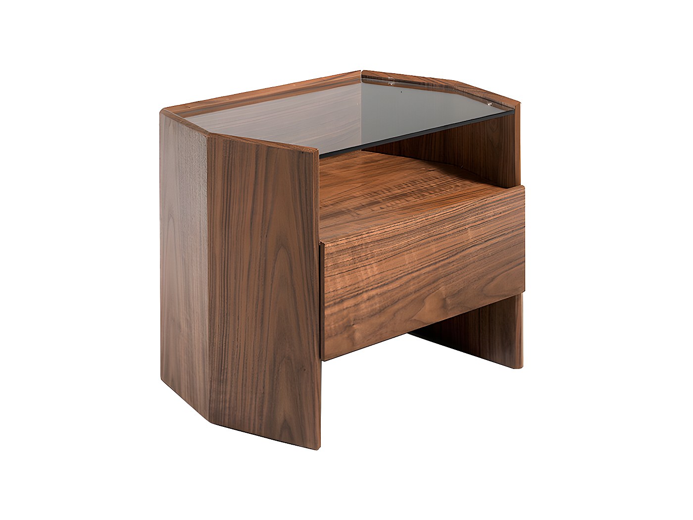 ANGEL CERDA Table de chevet hexagonale en bois de noyer et verre trempé