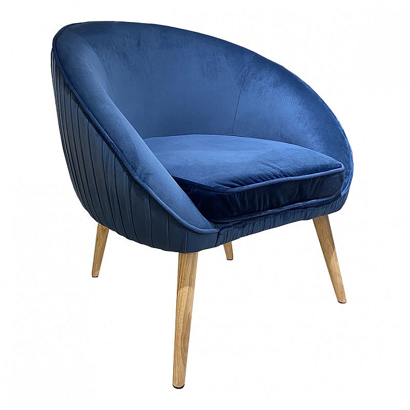 Fauteuil rond en velours bleu et piètement en bois clair - ELIA 7903