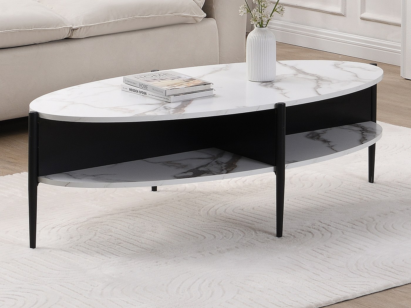 Mesa de centro oval com 4 nichos em MDF e metal efeito mármore branco e ...