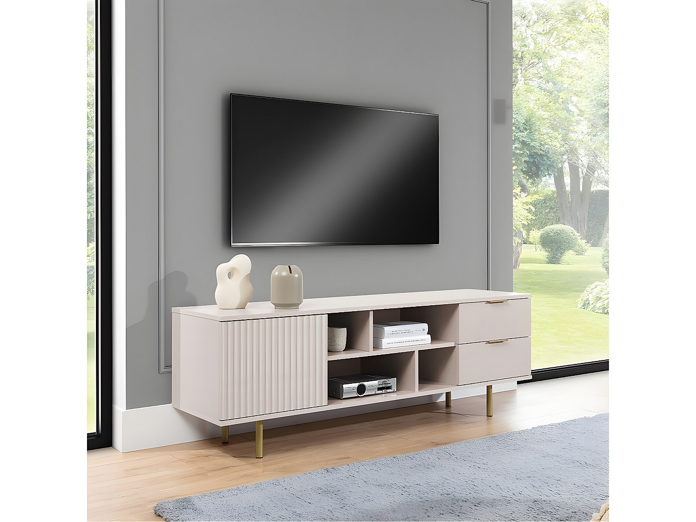 Mobile TV contemporaneo "Nawil" con pratici spazi di archiviazione - Beige