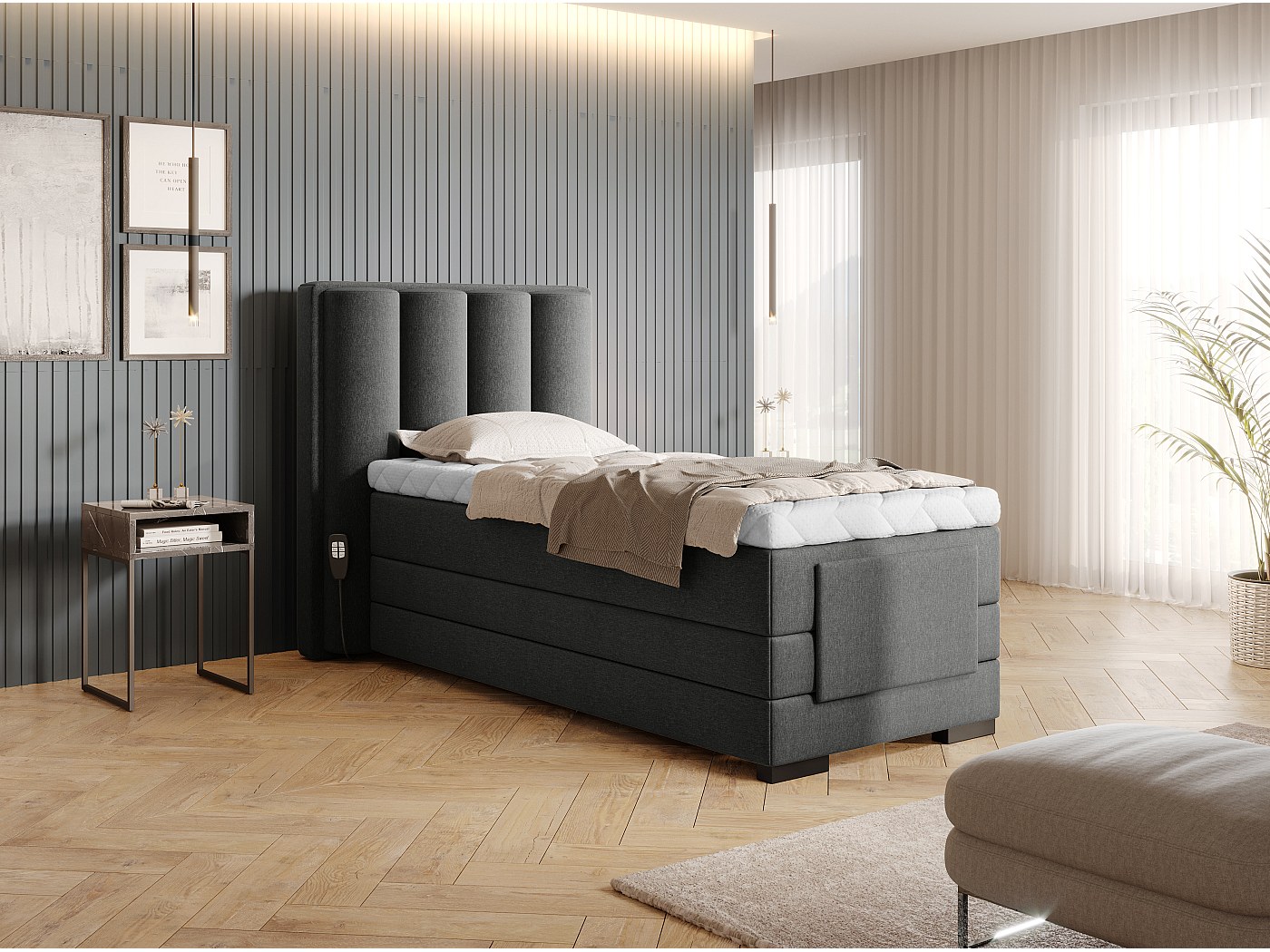 Lit Boxspring Theo ESS-90x200/Tissu-Anthracite