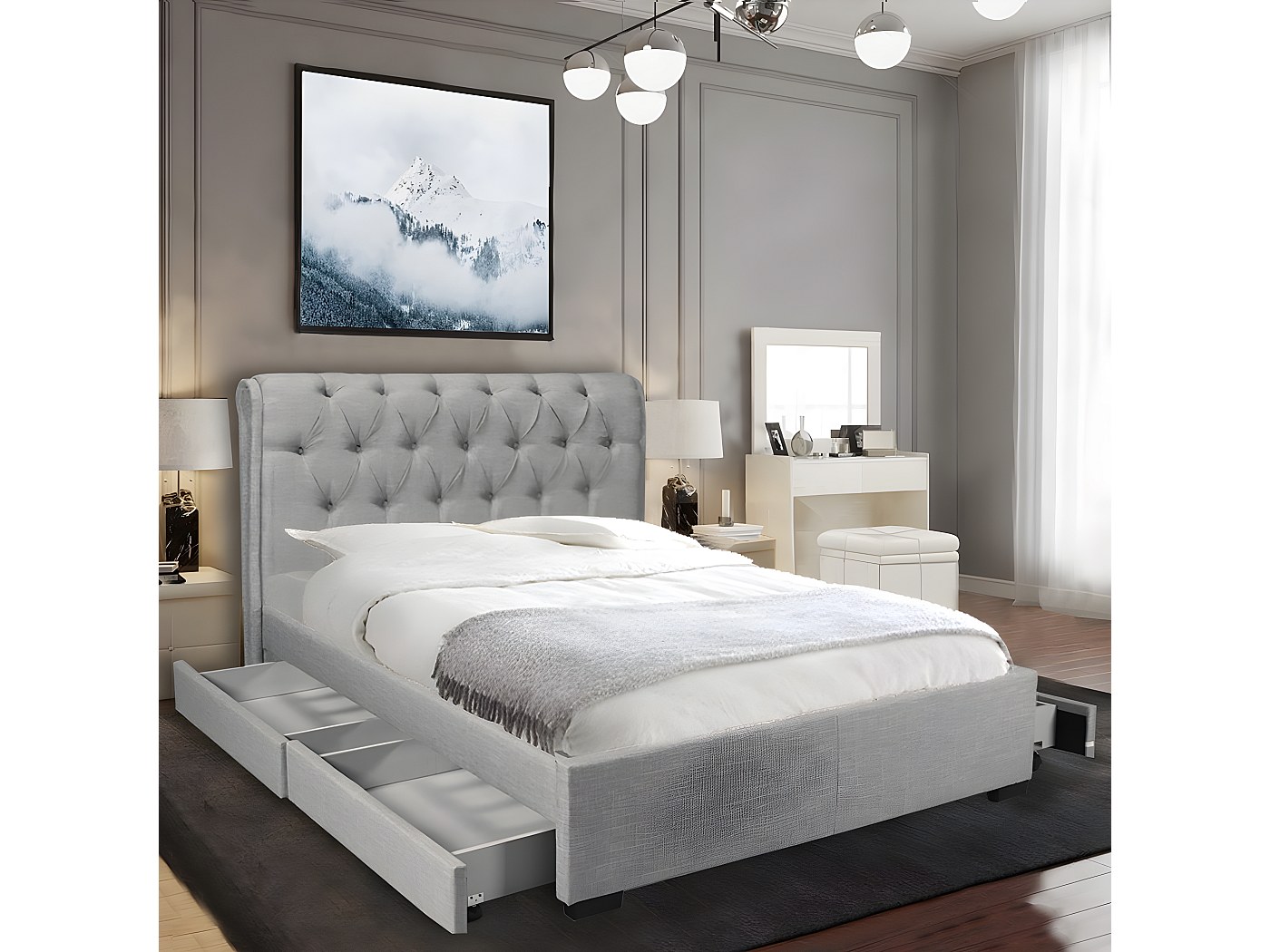 Lit CHELSEA 140x190 + 4 tiroirs + sommier / Gris clair