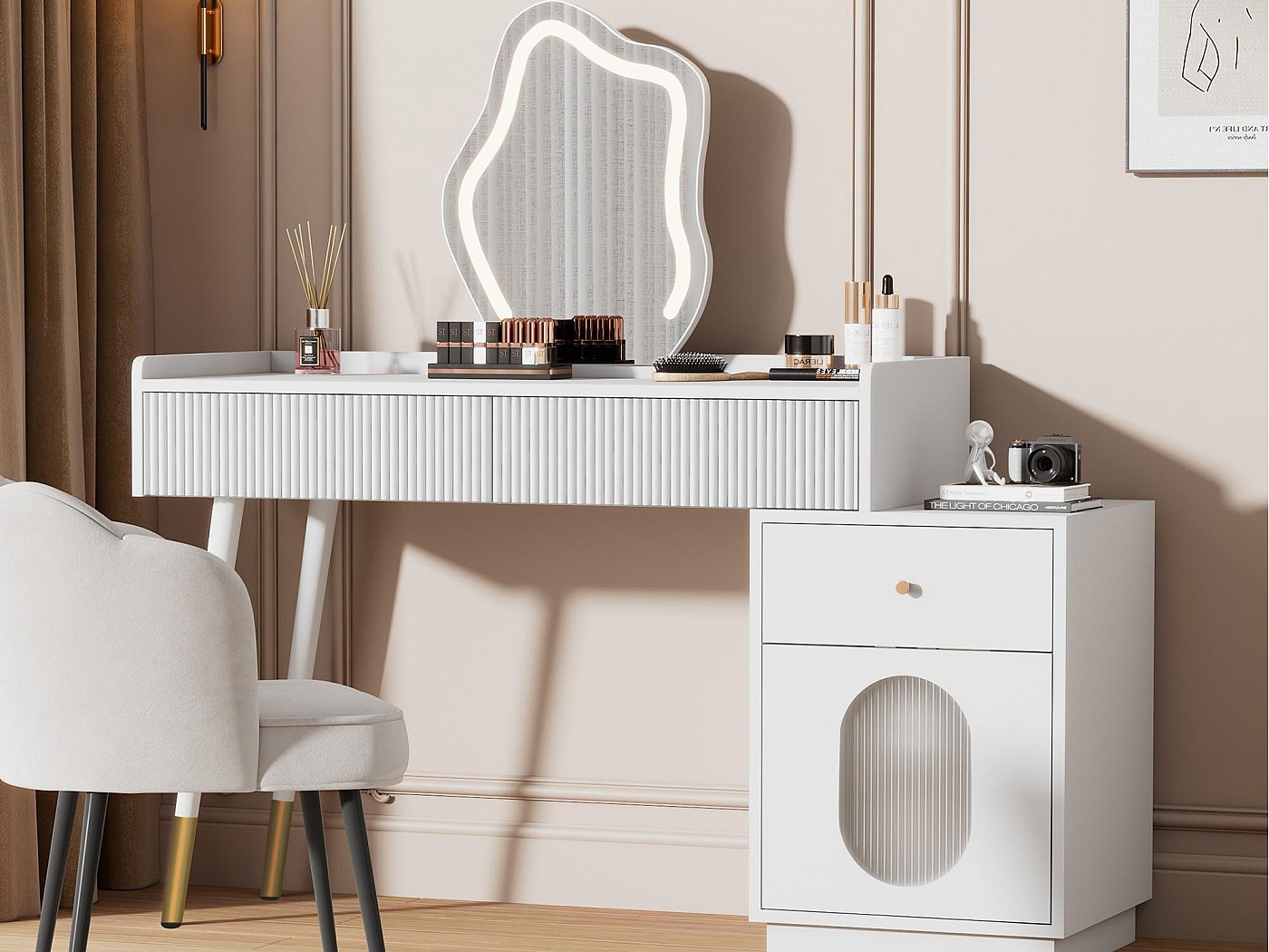 Coiffeuse avec miroir et éclairage LED - 2 tiroirs et une armoire ...