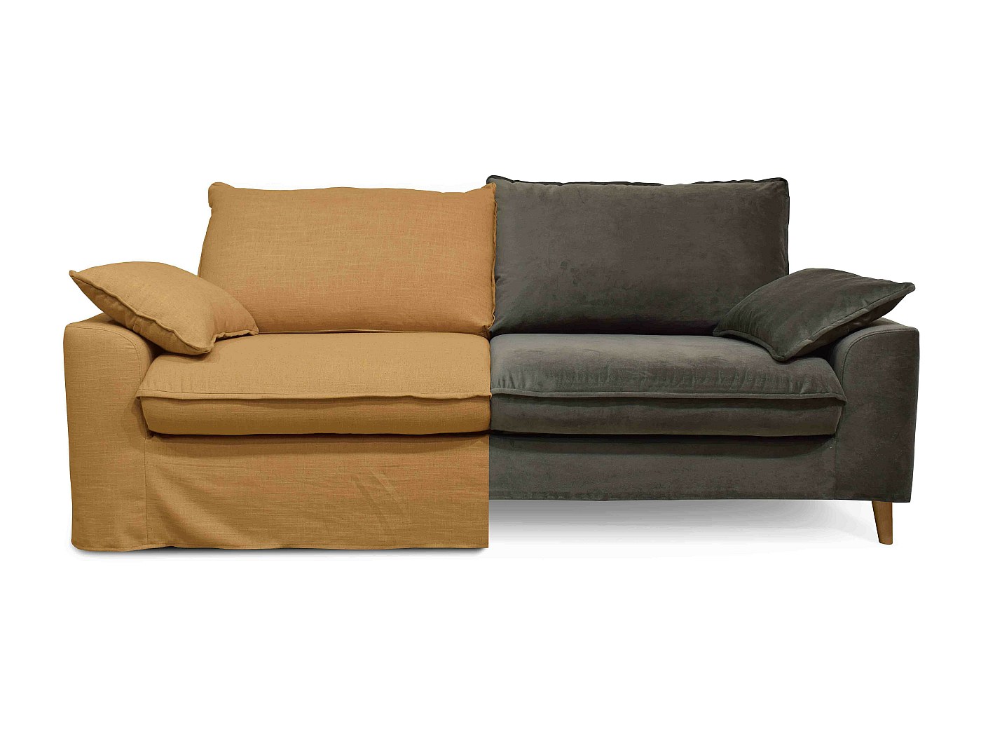 sofá de tela de lino color ocre con una funda de terciopelo caqui