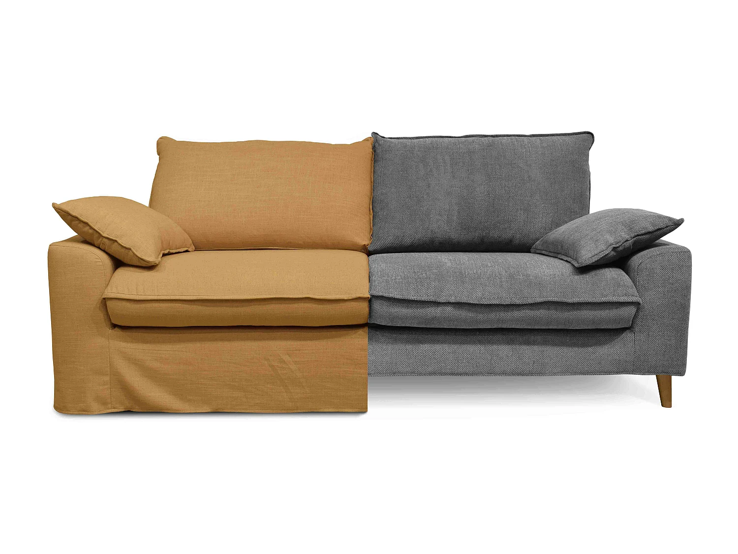 sofá de tela de lino color ocre con una funda en gris claro jaspeado