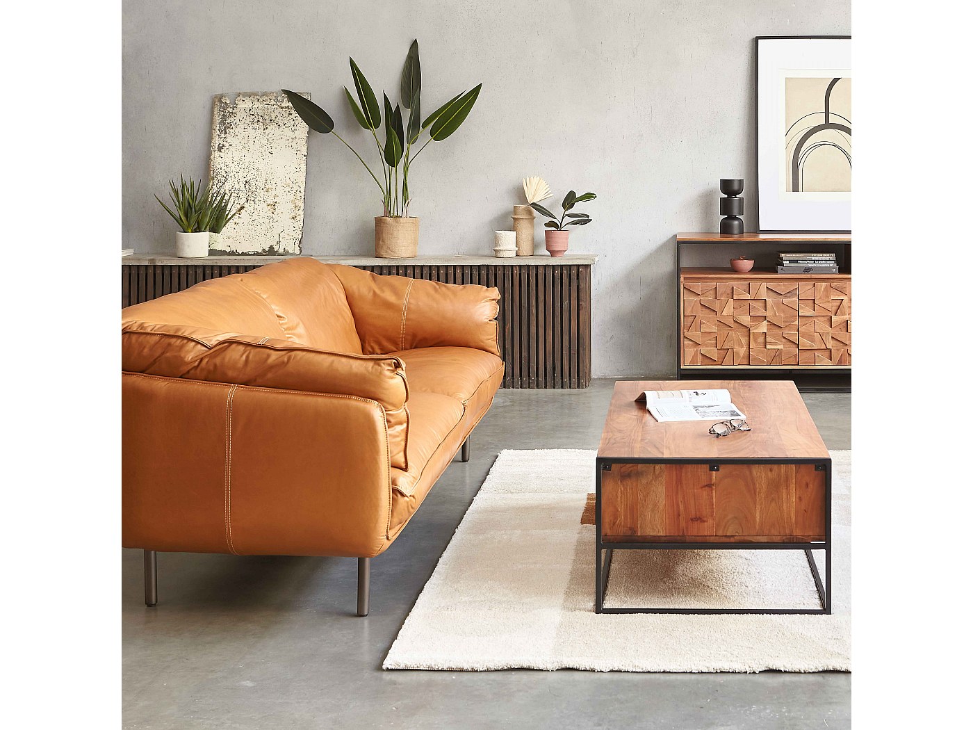 Sofá de cuero de 3 plazas color camel