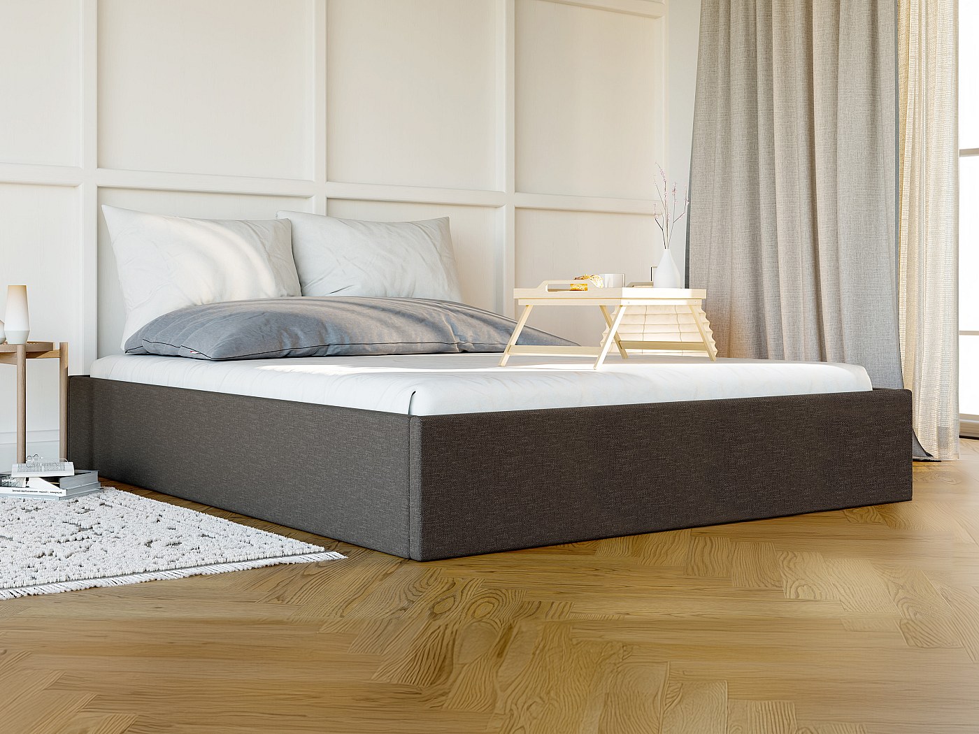 Sommier coffre 140 x 190 cm Tissu Gris anthracite - Avec pieds - PONTOS de Ysmée