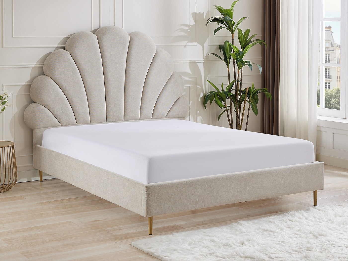 Cama con cabecero 140 x 190 cm de tela beige - LIVAYA