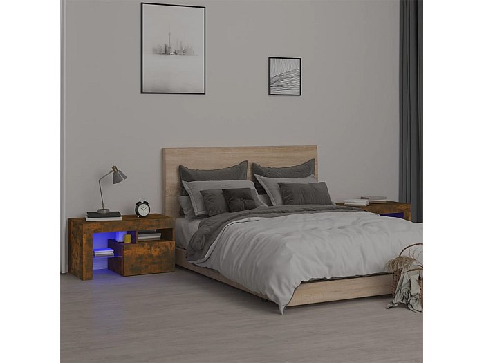 2 pz Comodini con Luci LED Rovere Fumo 70x36,5x40 cm CFW192185