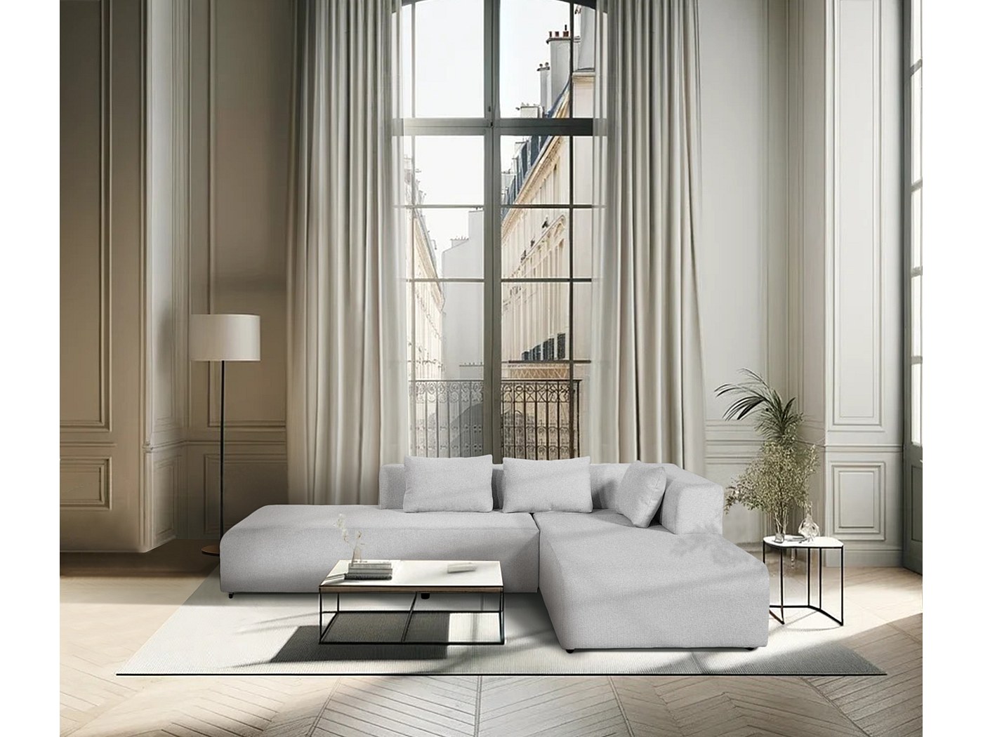 Canapé d'angle droit convertible 4 places en tissu gris RIBOL - MADE IN ...