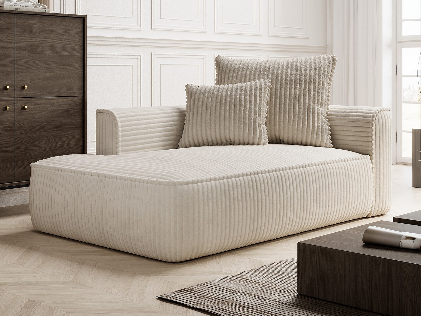 Méridienne gauche en velours côtelé grosses côtes beige PINETA