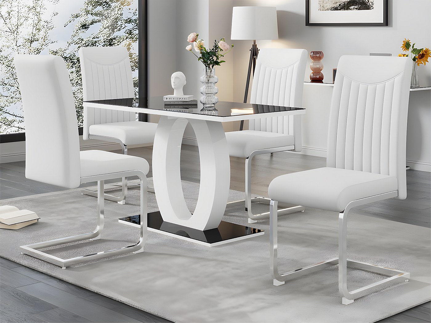 Set di 4 sedie cantilever - struttura in metallo cromato - rivestimento in similpelle - decoro a ...