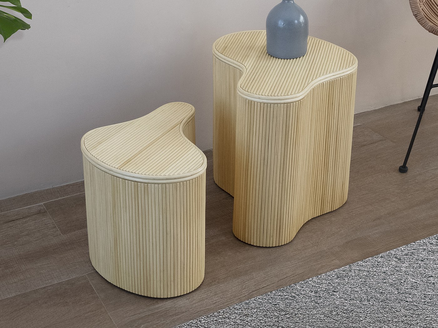 Set van 2 bijzettafeltjes, organische dozen, rotan - H45 cm, x H33,5 cm ...