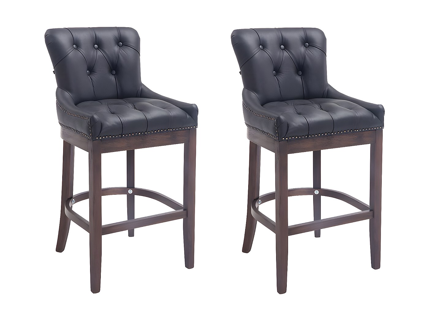 Lot de 2 Tabouret de bar - Véritable cuir & Bois - Noir - Lakewood