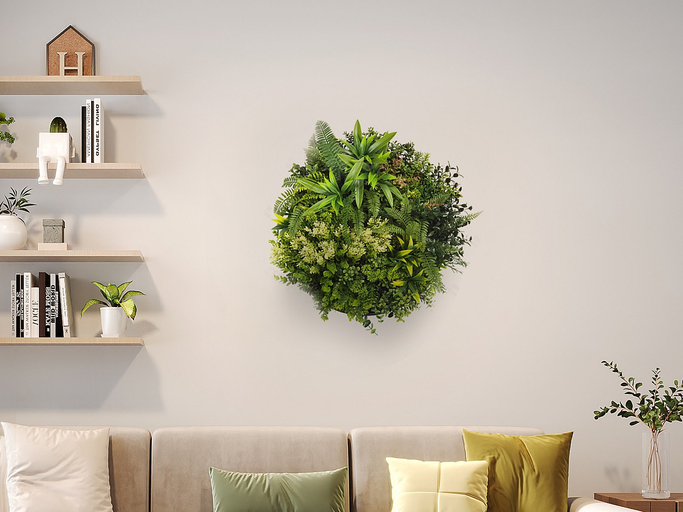 Cuadro vegetal sintético redondo . D.50cm . Marco natural, follaje ...