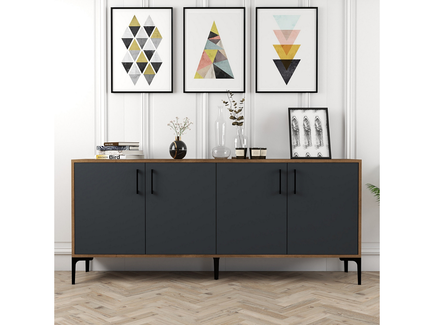 Industrieel Buffet ARKEL 160cm Antraciet en Walnoot, 4 Deuren, 4 Planken