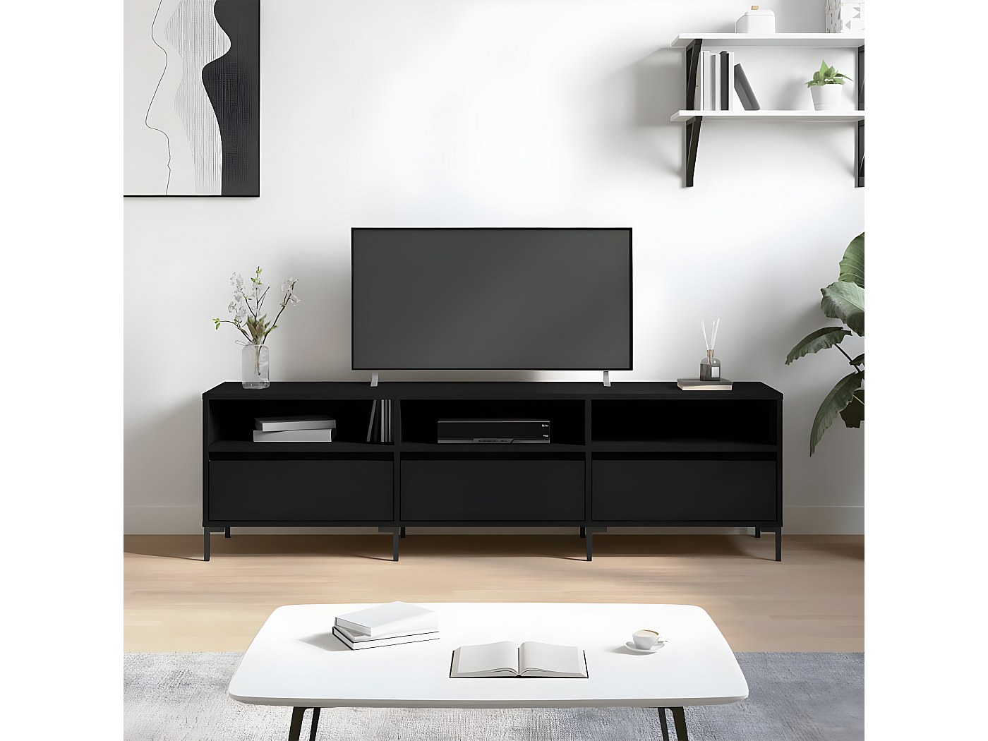 Mueble TV negro 150x30x44,5 cm de madera contrachapada