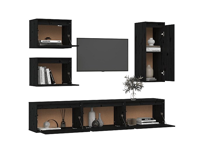 Mueble TV 6 piezas Negro Madera maciza de pino