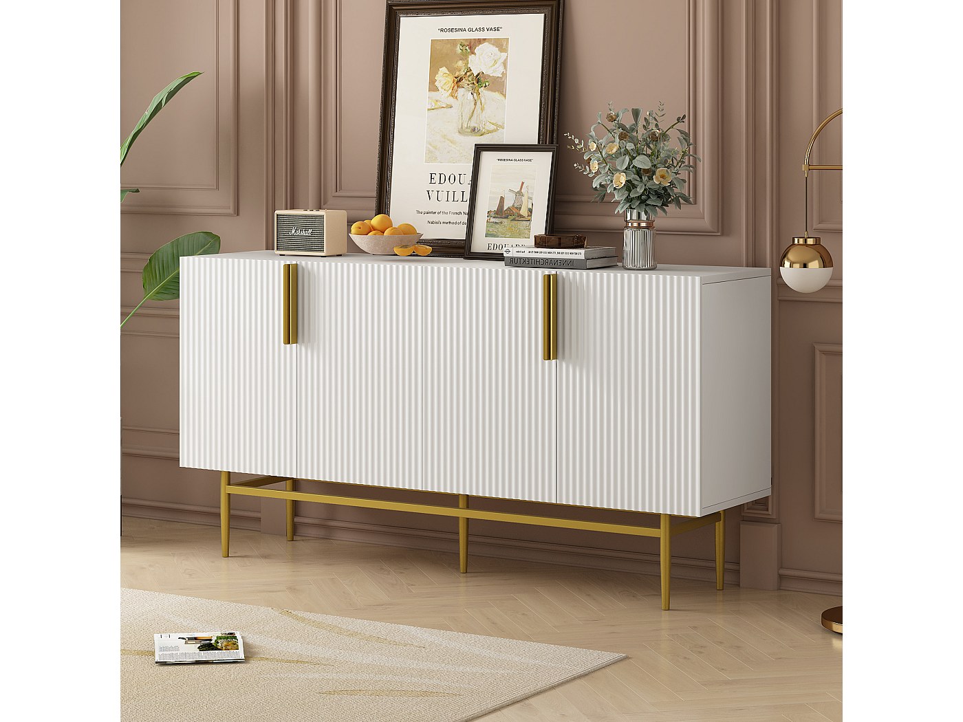 Buffet strié 4 portes - Bois MDF et pièds en métal doré - style moderne ...