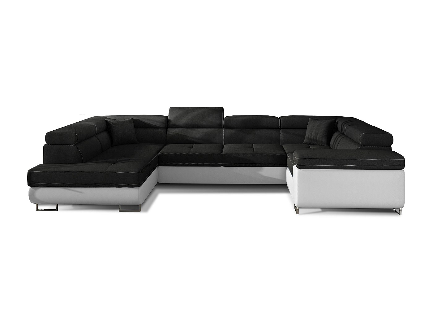 Canapé convertible U gauche tissu noir et simili blanc avec coffre de rangement Tovy 340cm