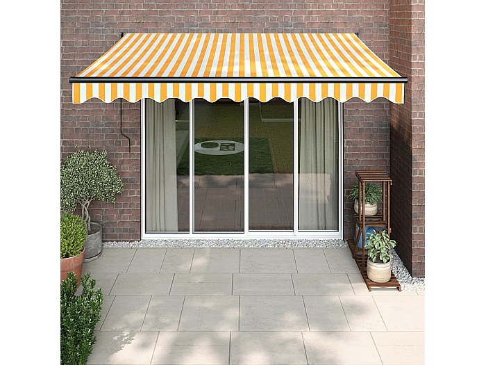 Geel en wit uitschuifbaar zonnescherm 3,5x2,5 stof en aluminium