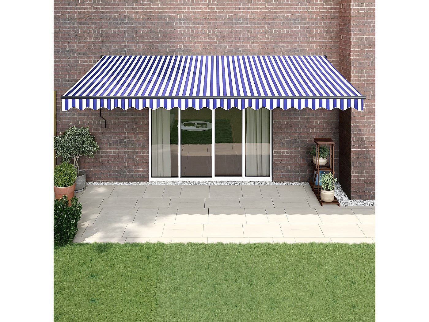 Blauw-witte uitschuifbare luifel 5x3 stof en aluminium