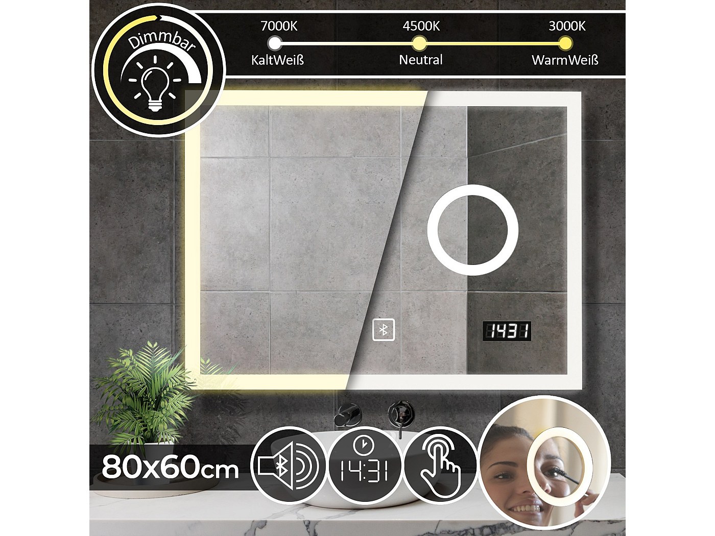 Led spiegel - 80x60 cm - met bluetooth speaker + make-up spiegel + klok