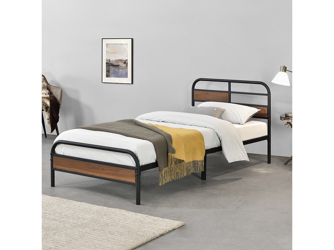 Cadre de Lit Simple Aarau en Métal 90 x 200 cm Noir Mat Effet Noyer [en ...