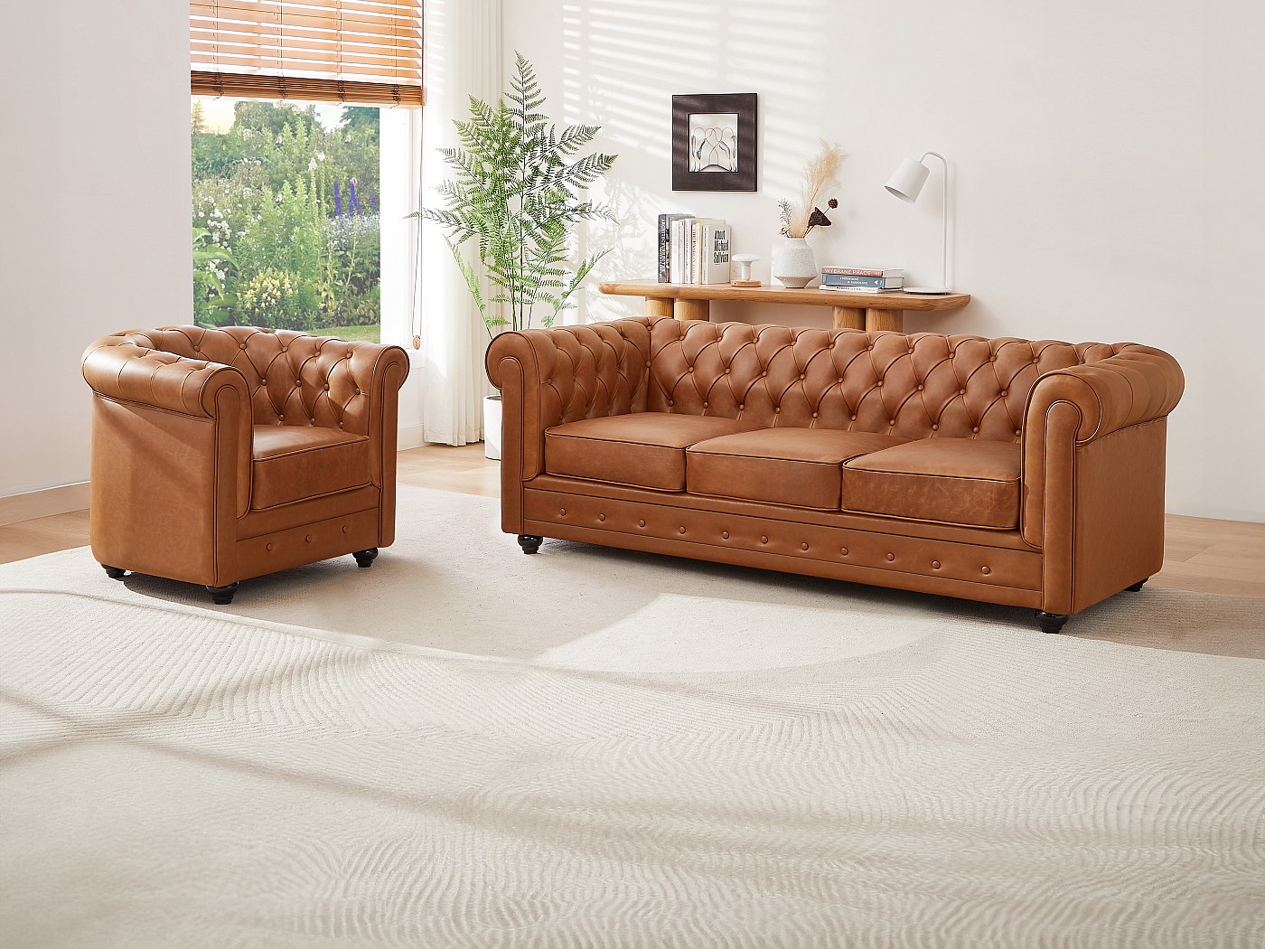 Sofa 3-Sitzer & Sessel - Rindsleder - Camelfarben - CHESTERFIELD ...