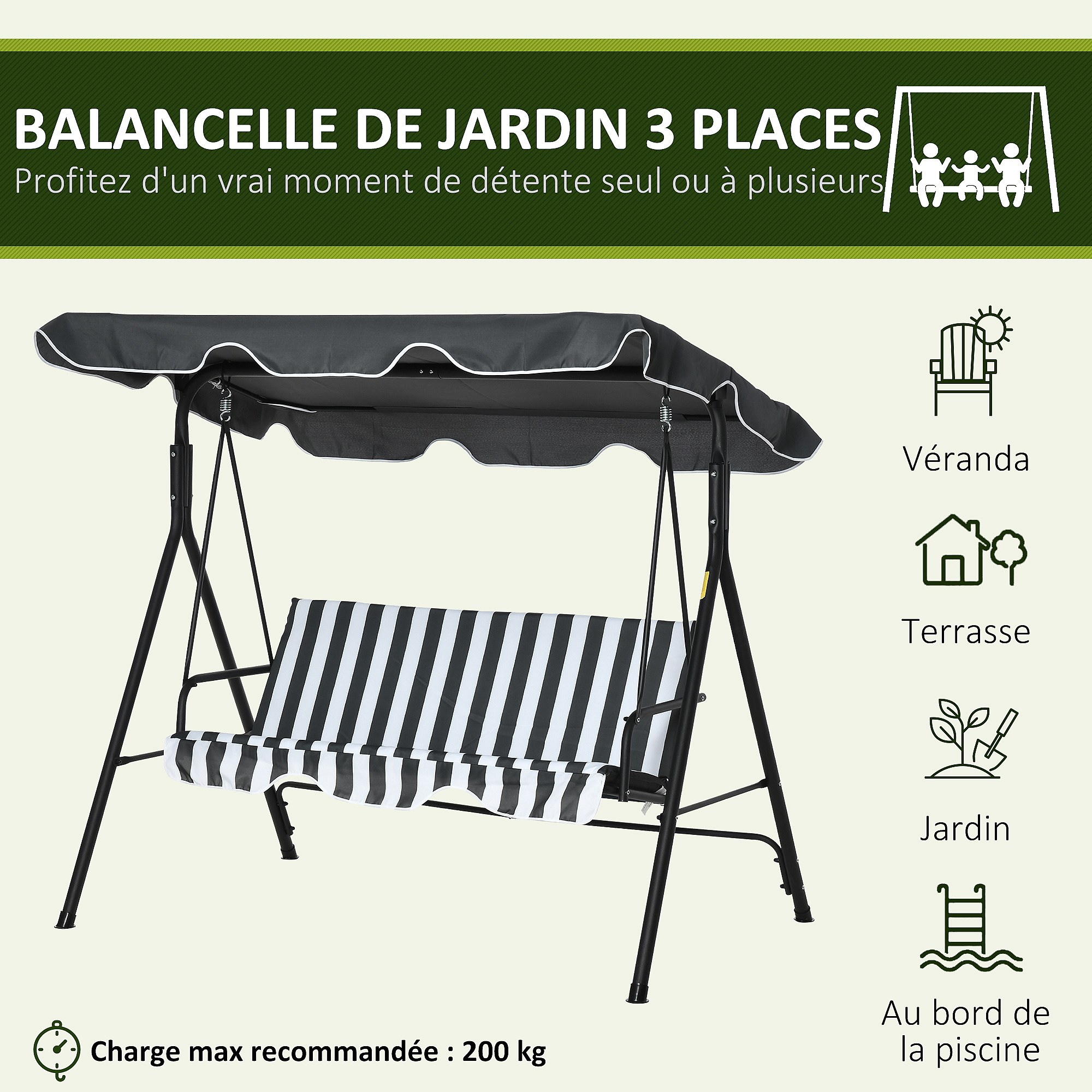 Balancelle de jardin 3 places toit inclinaison réglable coussins assise ...