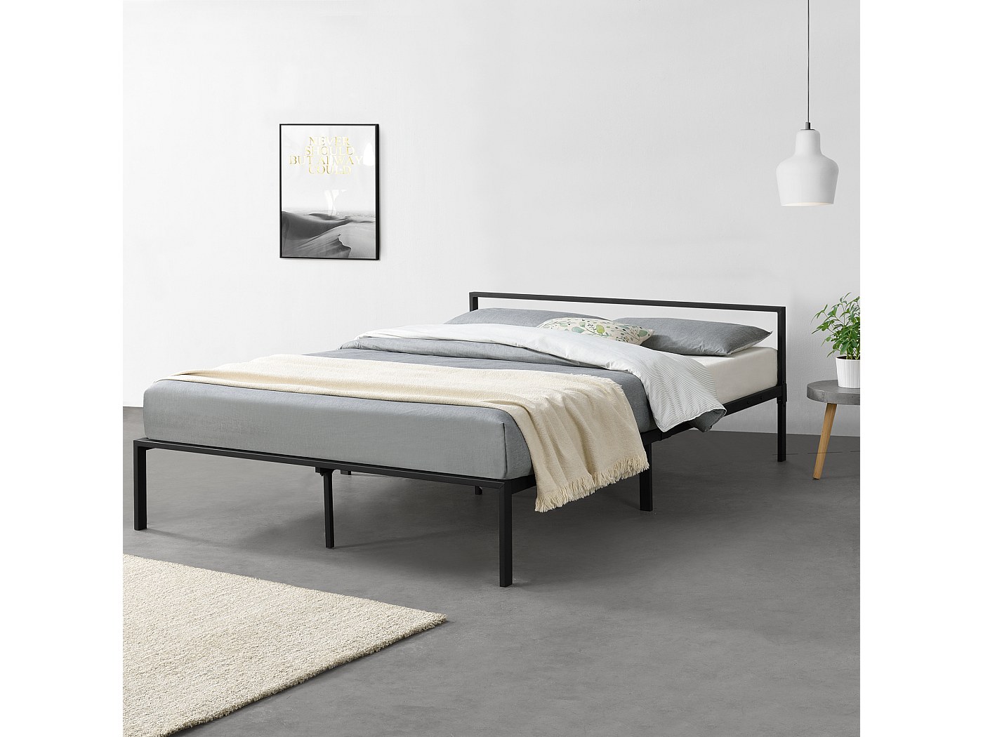 Cadre de Lit double en Métal Imatra 160 x 200 cm Noir Mat [en.casa]
