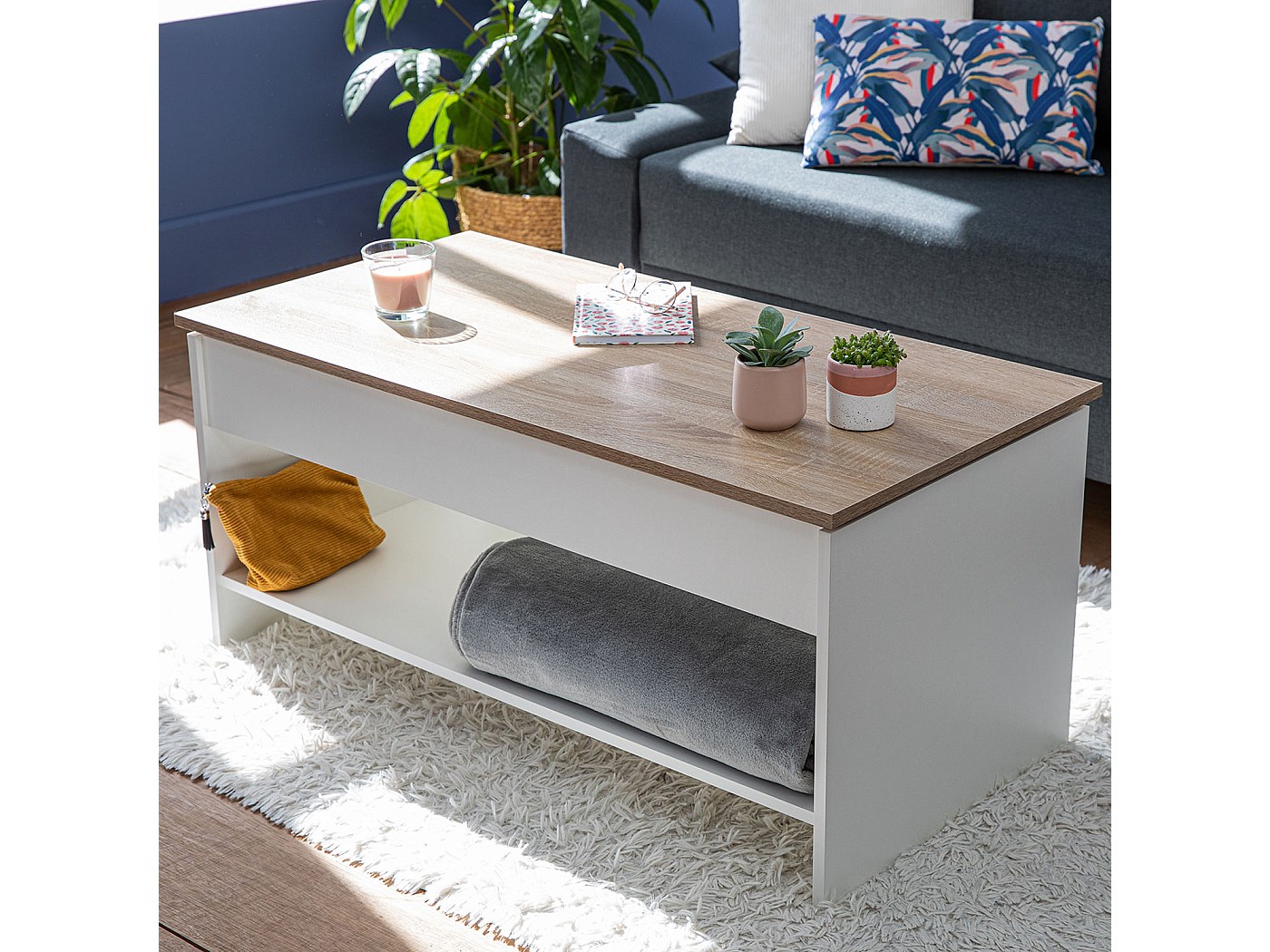 Table basse avec plateau relevable blanche et bois HEDDA