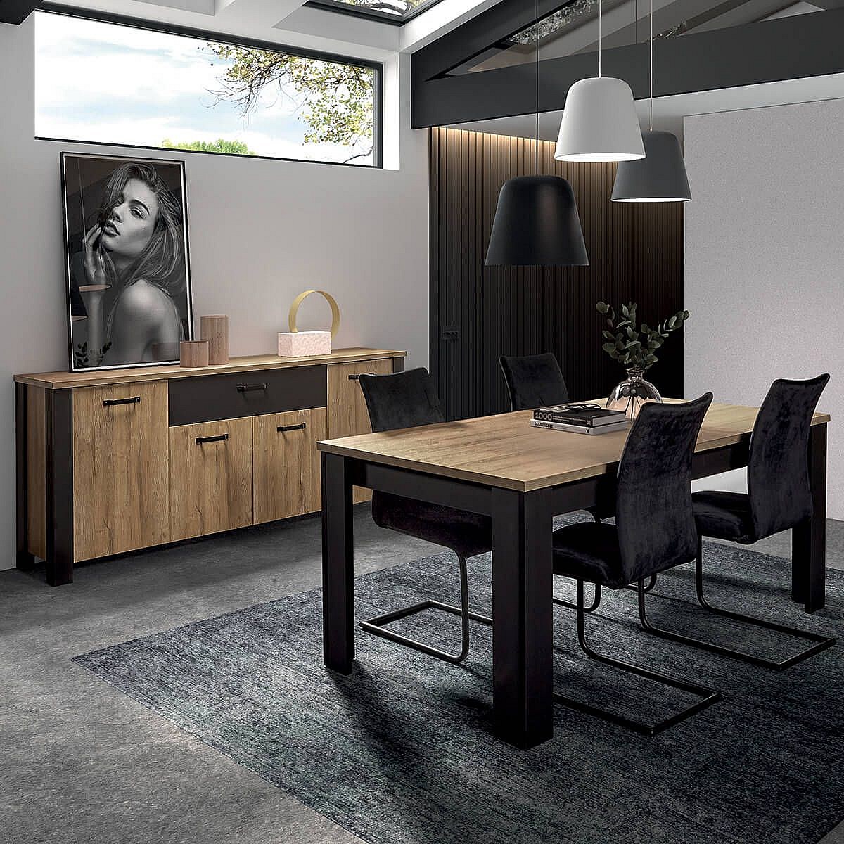 DANIEL - Ensemble Buffet + Table 180cm Effet Bois et Piètement Noir