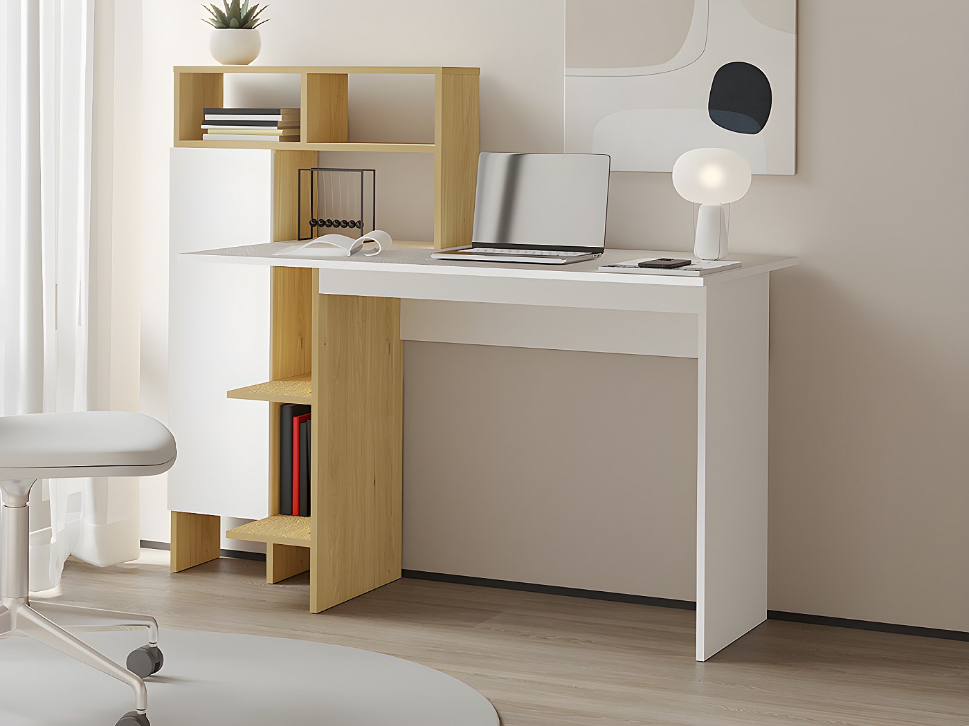 Bureau avec 1 placard et 4 niches blanc et naturel - MONTOLANIA