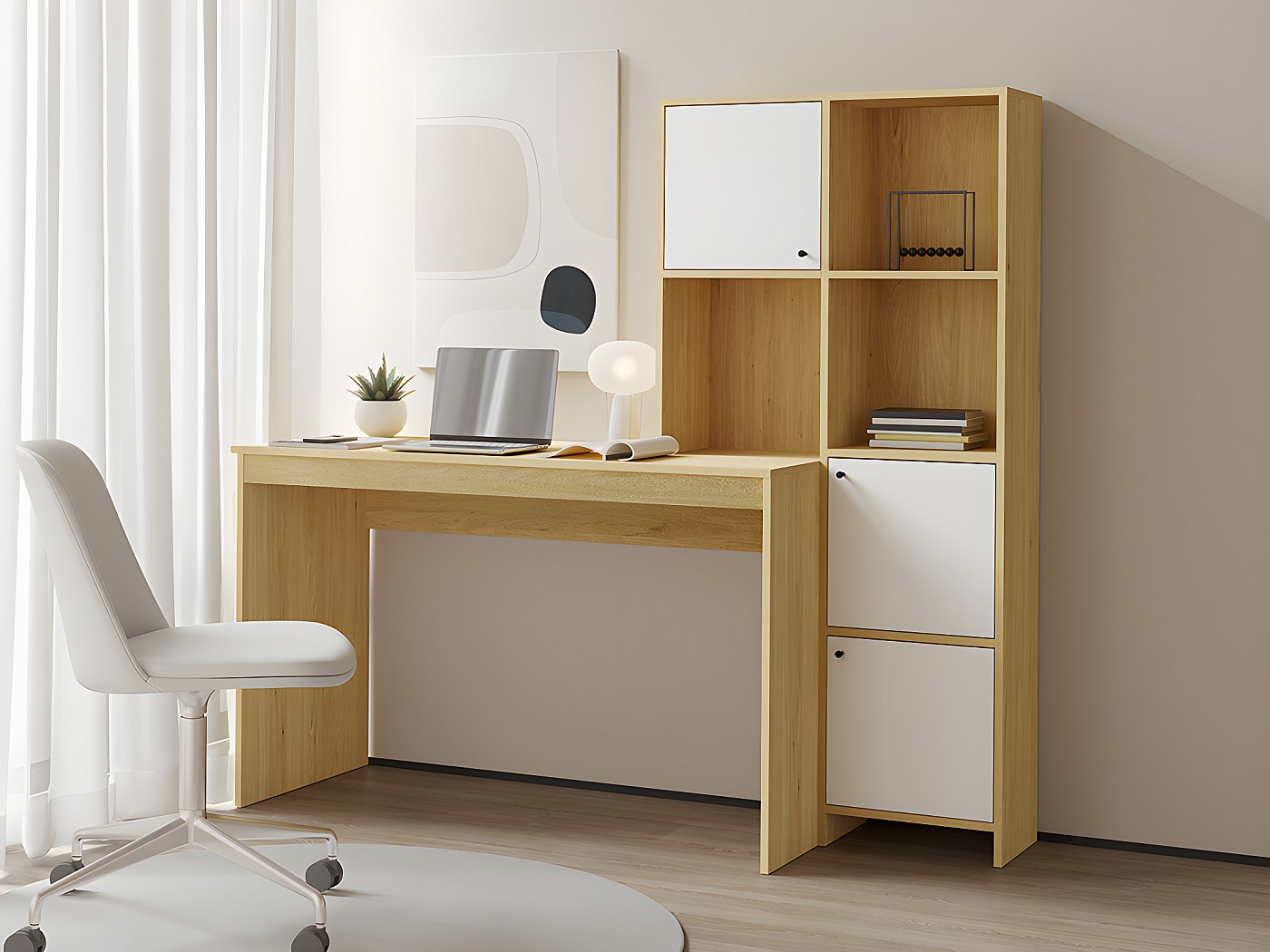 Bureau avec 3 placards et 3 niches coloris naturel et blanc - ALIOBINI
