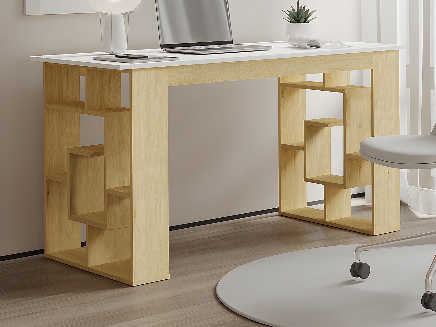 Bureau avec 10 étagères de rangement coloris naturel et blanc - JOVISO