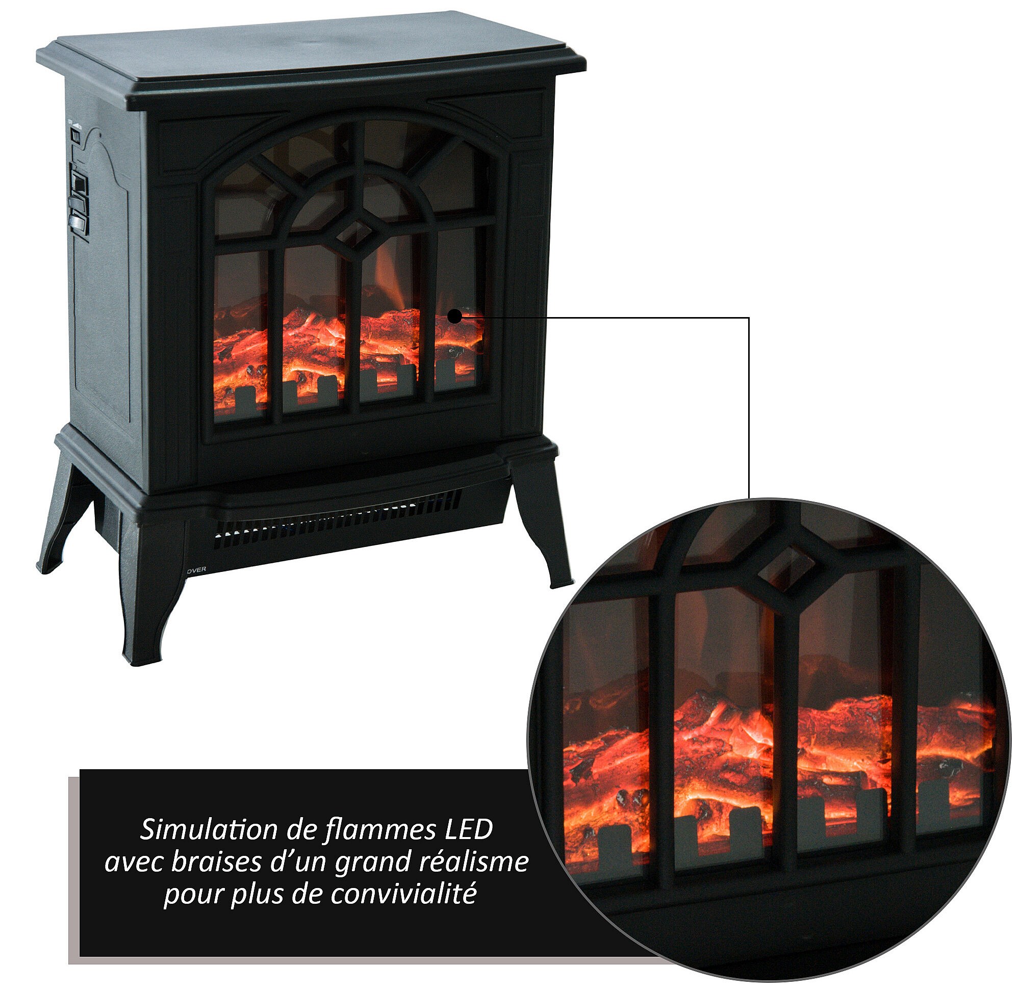 Cheminée électrique poêle style rétro 900-1800 W simulation flammes LED ...