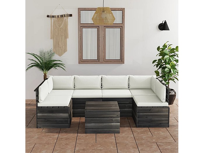 7 pz Set Salotti da Giardino su Pallet con Cuscini Massello Pino CFW29655