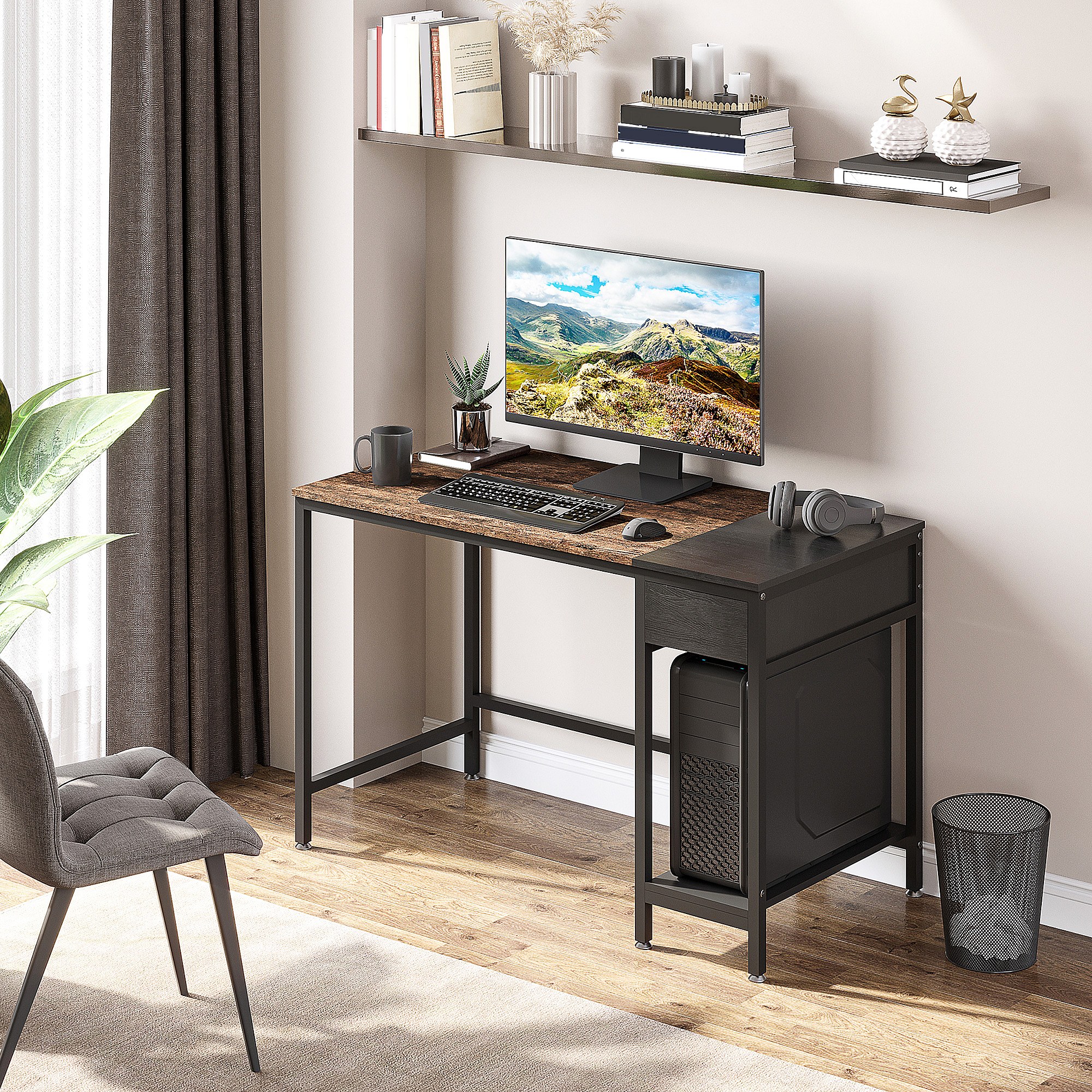 Bureau informatique design industriel tiroir étagère châssis métal noir ...