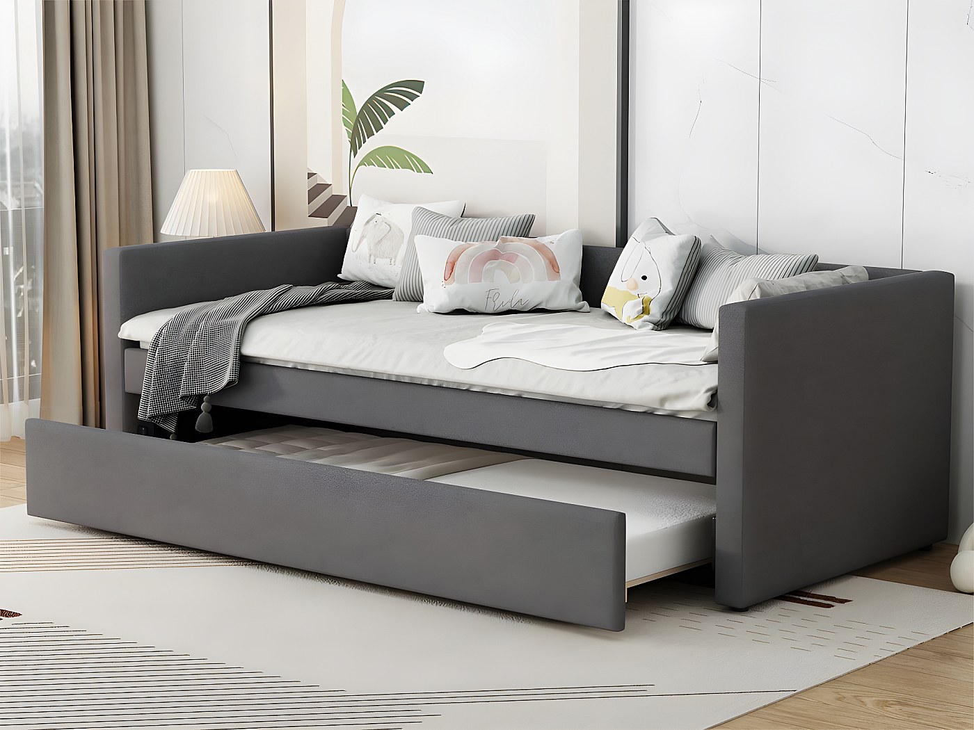 Lit gigogne multifonctionnel avec un lit pilant - 90x200 cm - tissu en ...